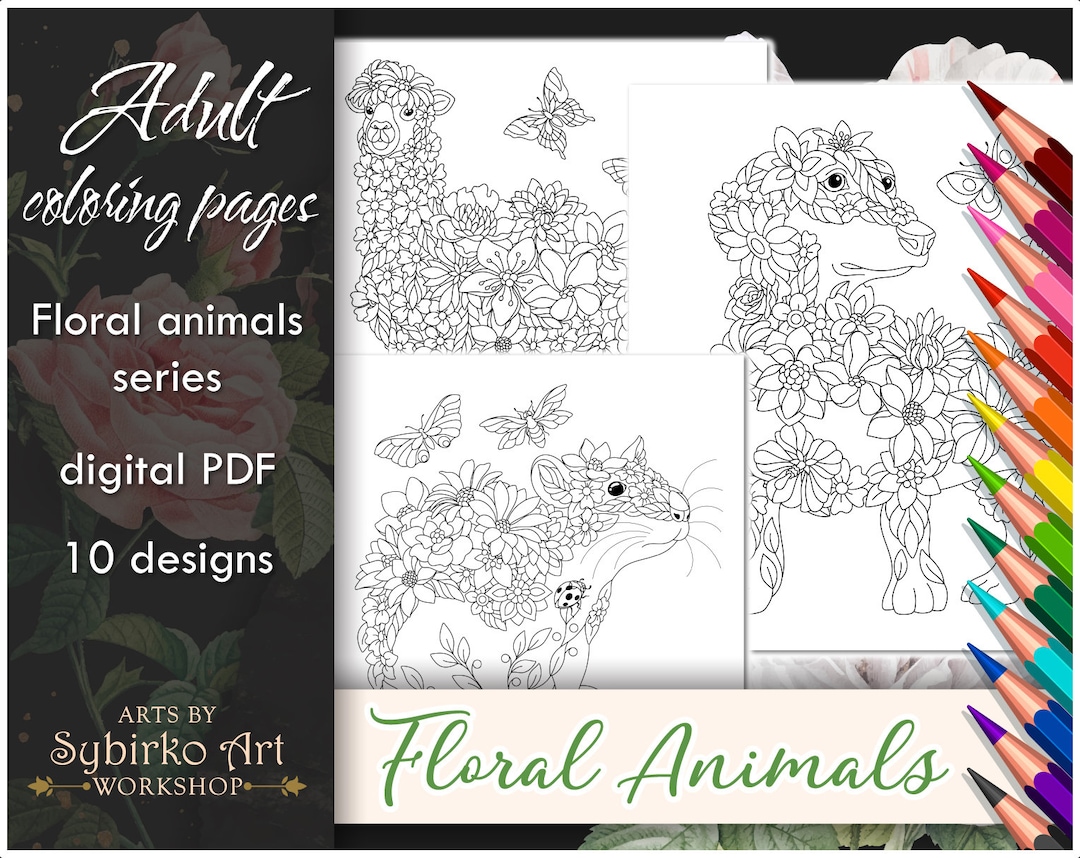 Floral Animals Coloring Pages. Animal Coloring Book for Adults and Kids ...