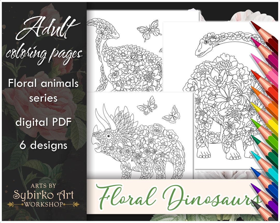 Floral Dinosaurs Coloring Pages. Dinosaur Coloring Book for Adults and ...