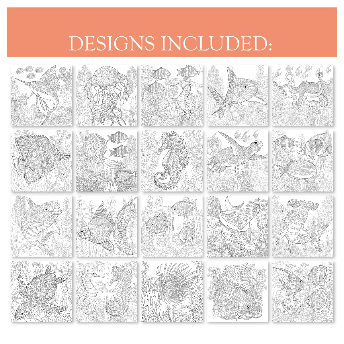 Sea Ocean Animals Coloring Pages. Coloring Book for Adults and Kids ...