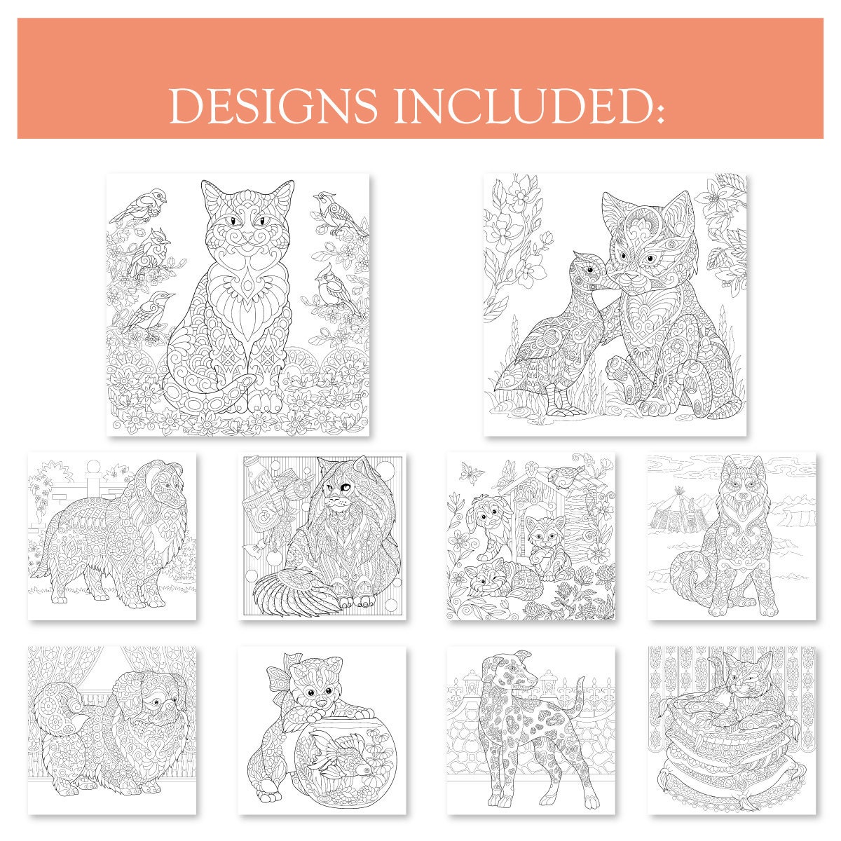 Cute Lovely Pets Coloring Pages. Coloring Book for Adults and Kids ...