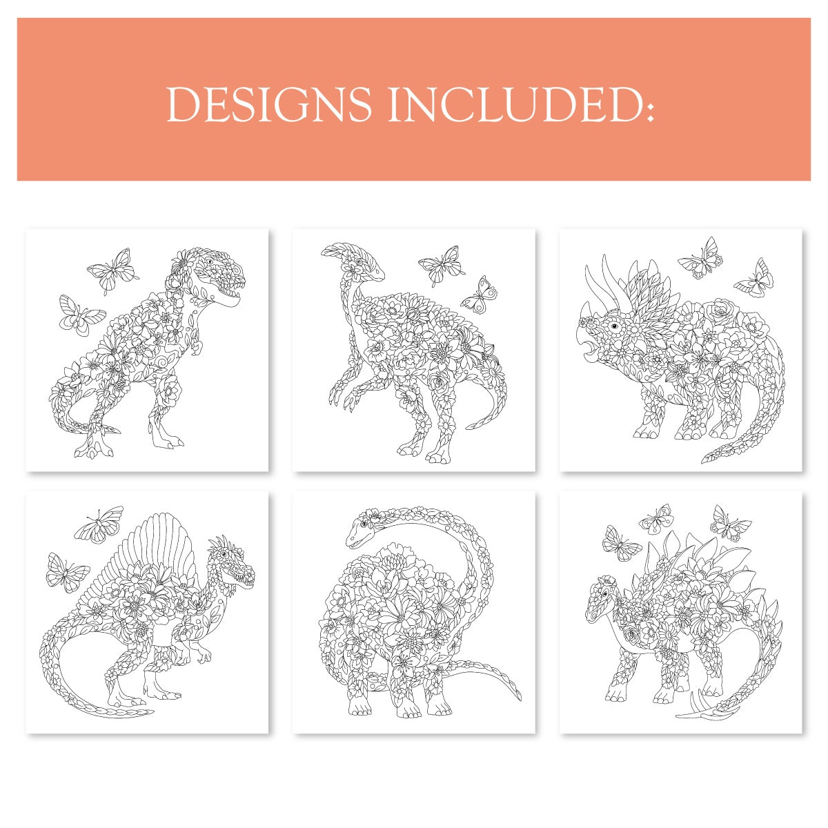 Floral Dinosaurs Coloring Pages. Dinosaur Coloring Book for Adults and ...