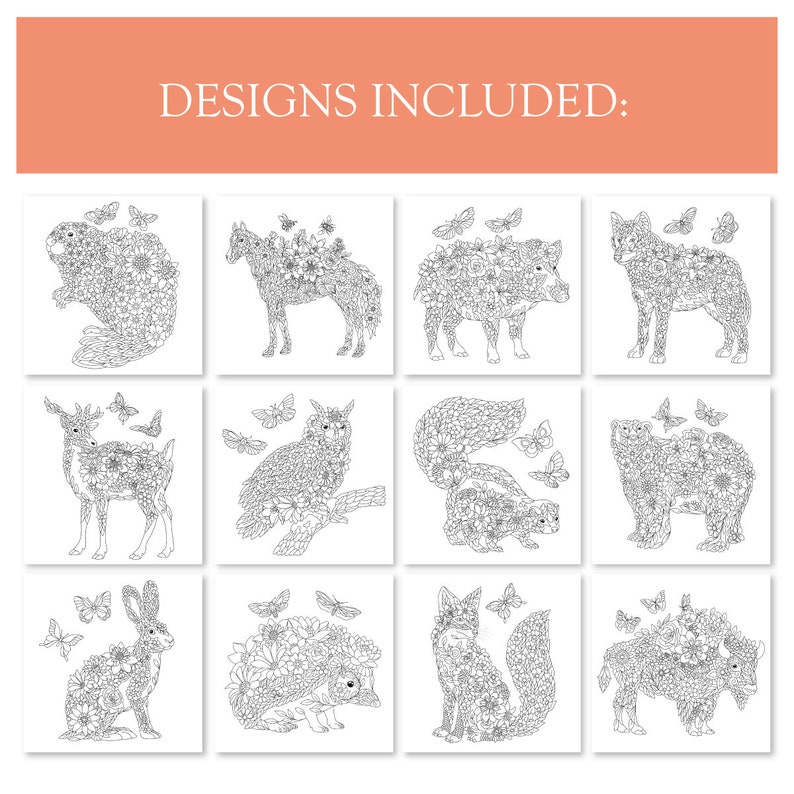 Floral Animals Coloring Pages. Animal Coloring Book for Adults and Kids ...