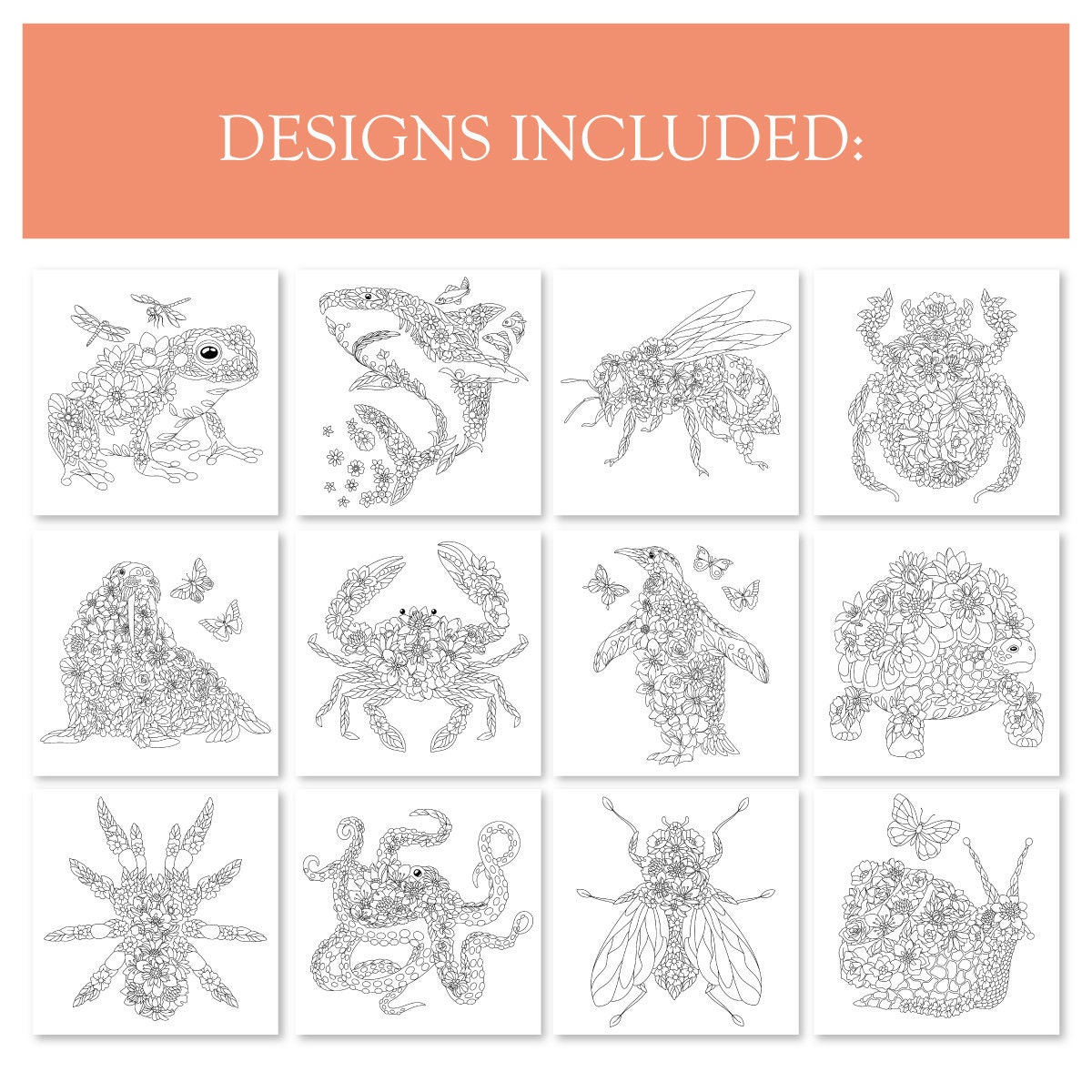 Floral Animals Coloring Pages. Animal Coloring Book for Adults and Kids ...