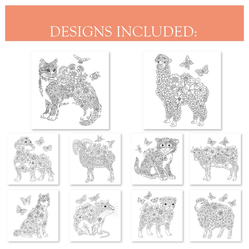 Floral Animals Coloring Pages. Animal Coloring Book for Adults and Kids ...