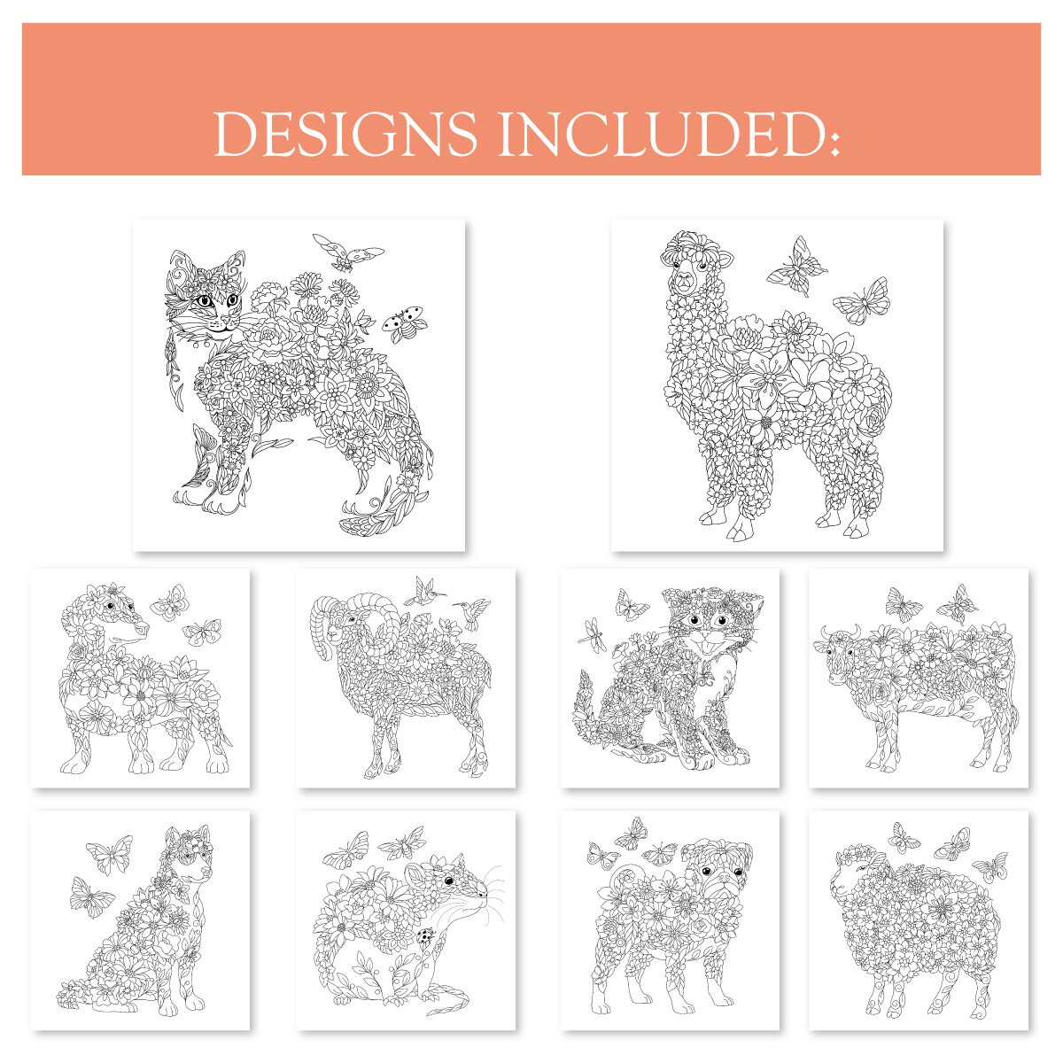 Floral Animals Coloring Pages. Animal Coloring Book for Adults and Kids ...