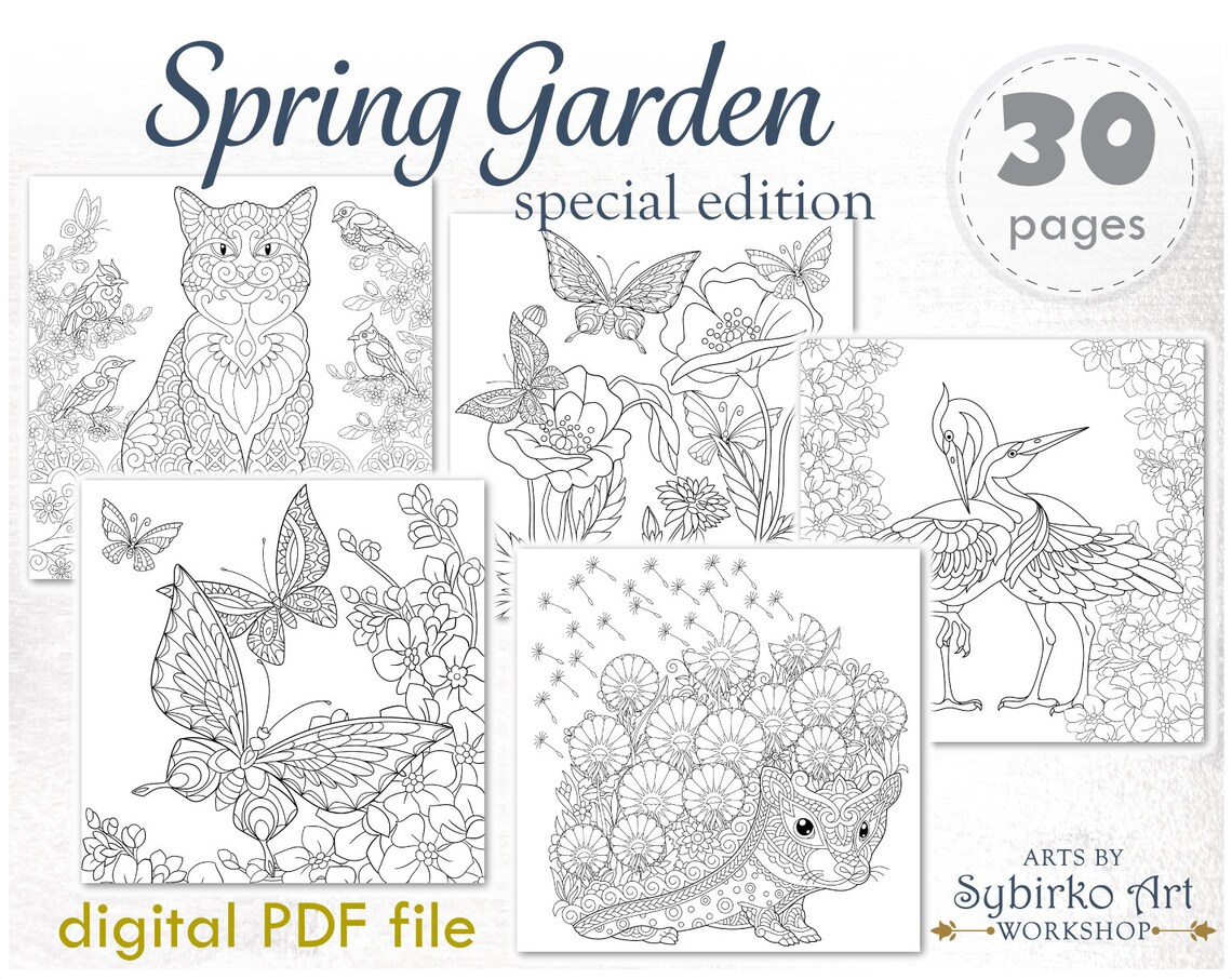 Spring Flower Garden Coloring Pages. Coloring Book for Adults or Kids ...