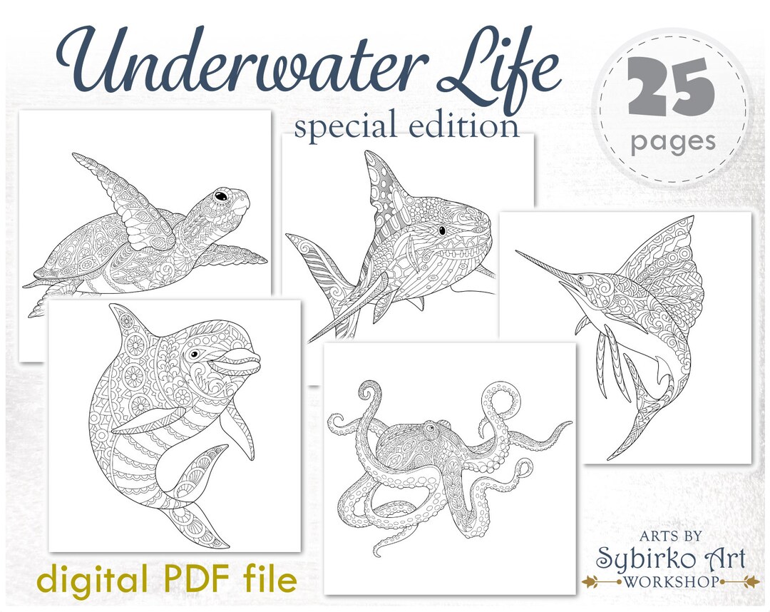 Sea Ocean Animals Coloring Pages. Coloring Book for Adults and Kids ...