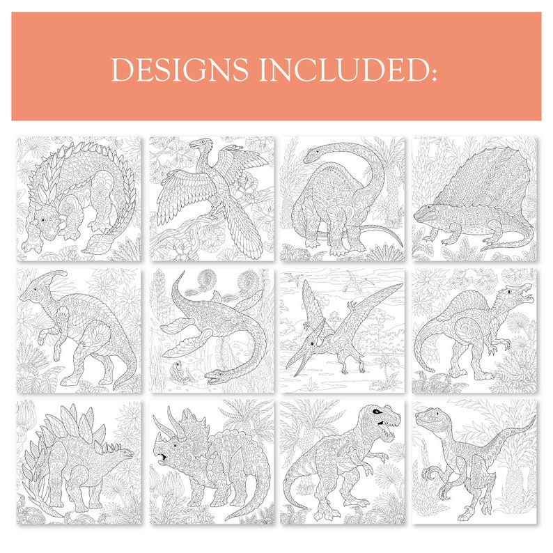 Dinosaurs Coloring Pages. Dino Coloring Book for Adults and Kids ...