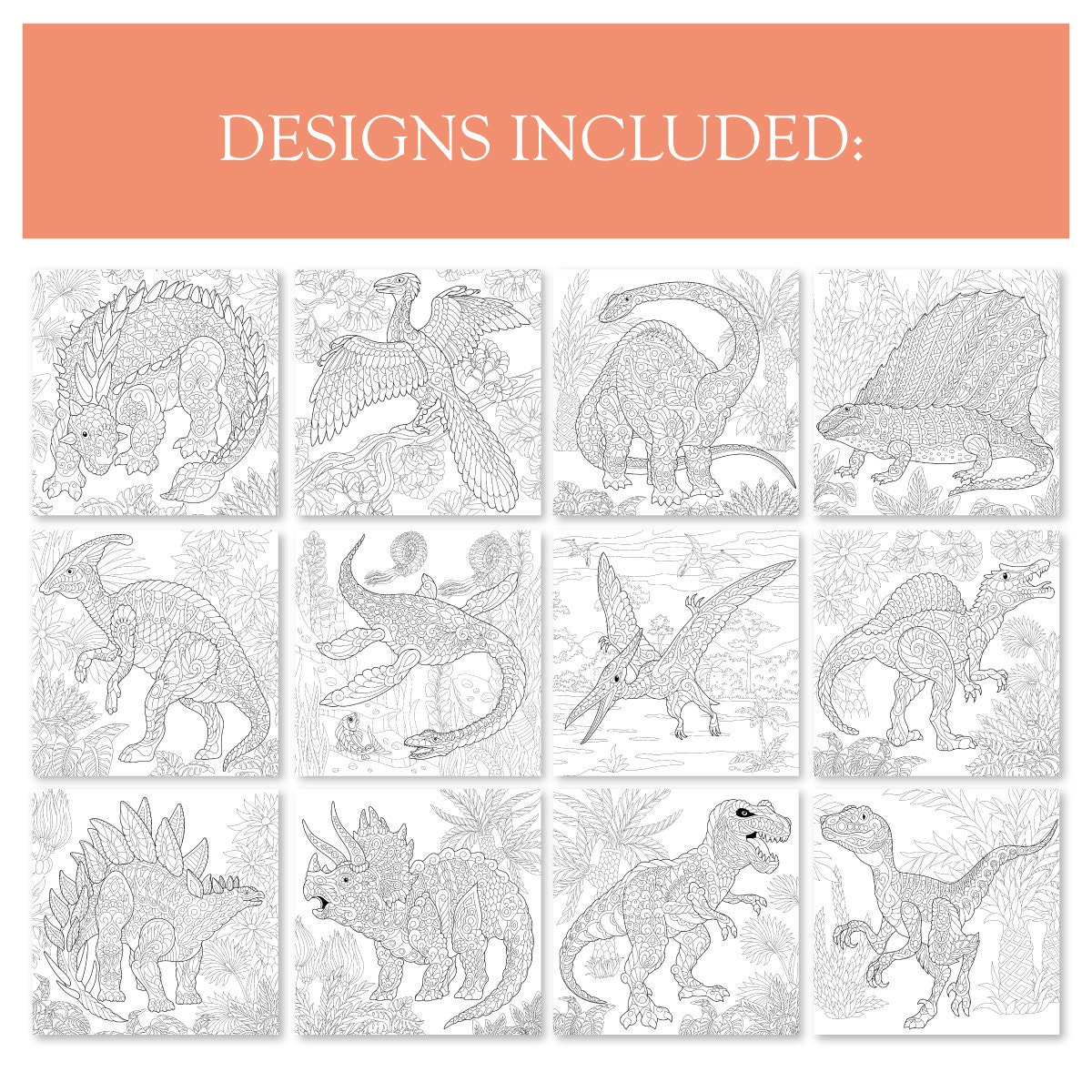 Dinosaurs Coloring Pages. Dino Coloring Book for Adults and Kids ...