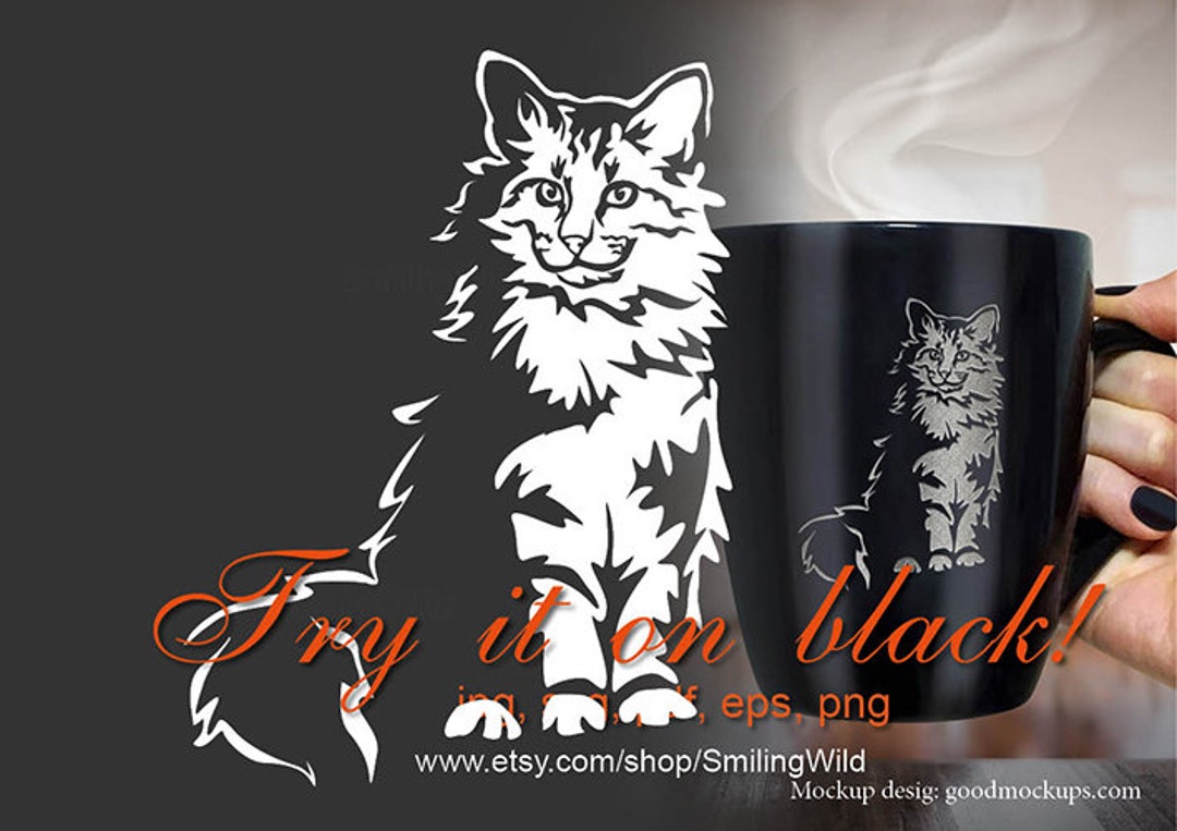 Norwegian Forest Cat Svg White Vector File Print on Black, Norwegian ...