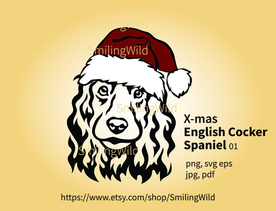 English Cocker Spaniel Dog Svg Portrait Clip Art Vector Art Xmas Hat ...