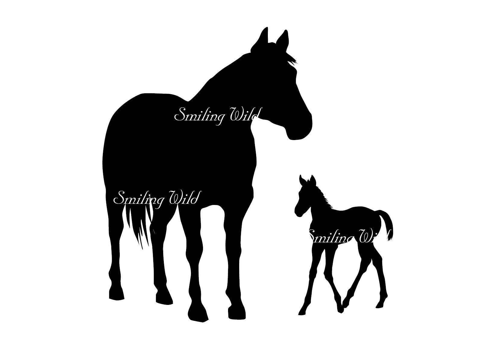 Mare and foal silhouette horse art svg clipart png filly | Etsy