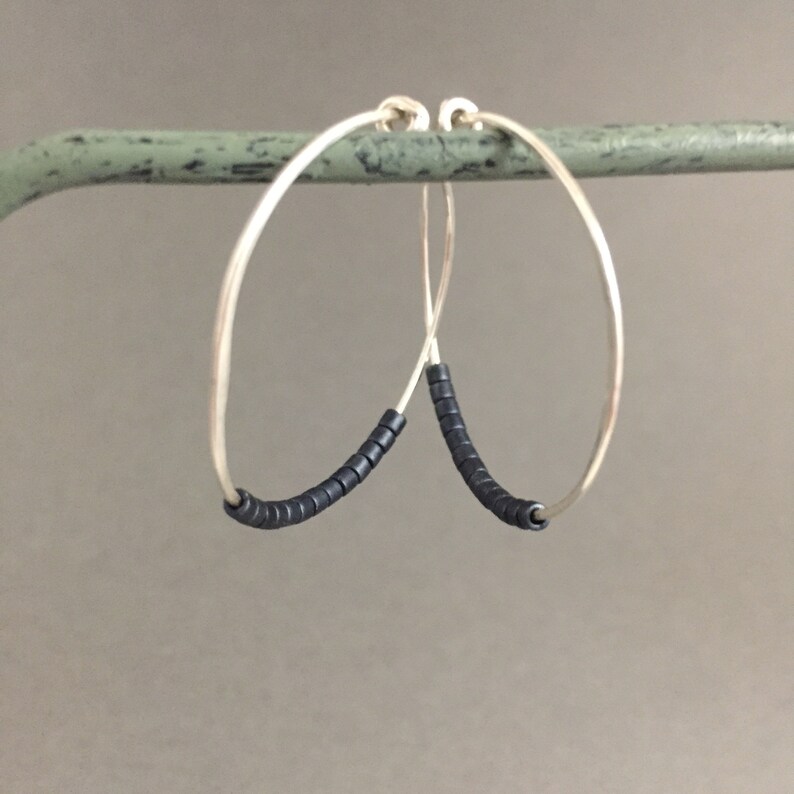 Sliver and Slate Hoop Earrings / Slate Glass Beads / Simple ...