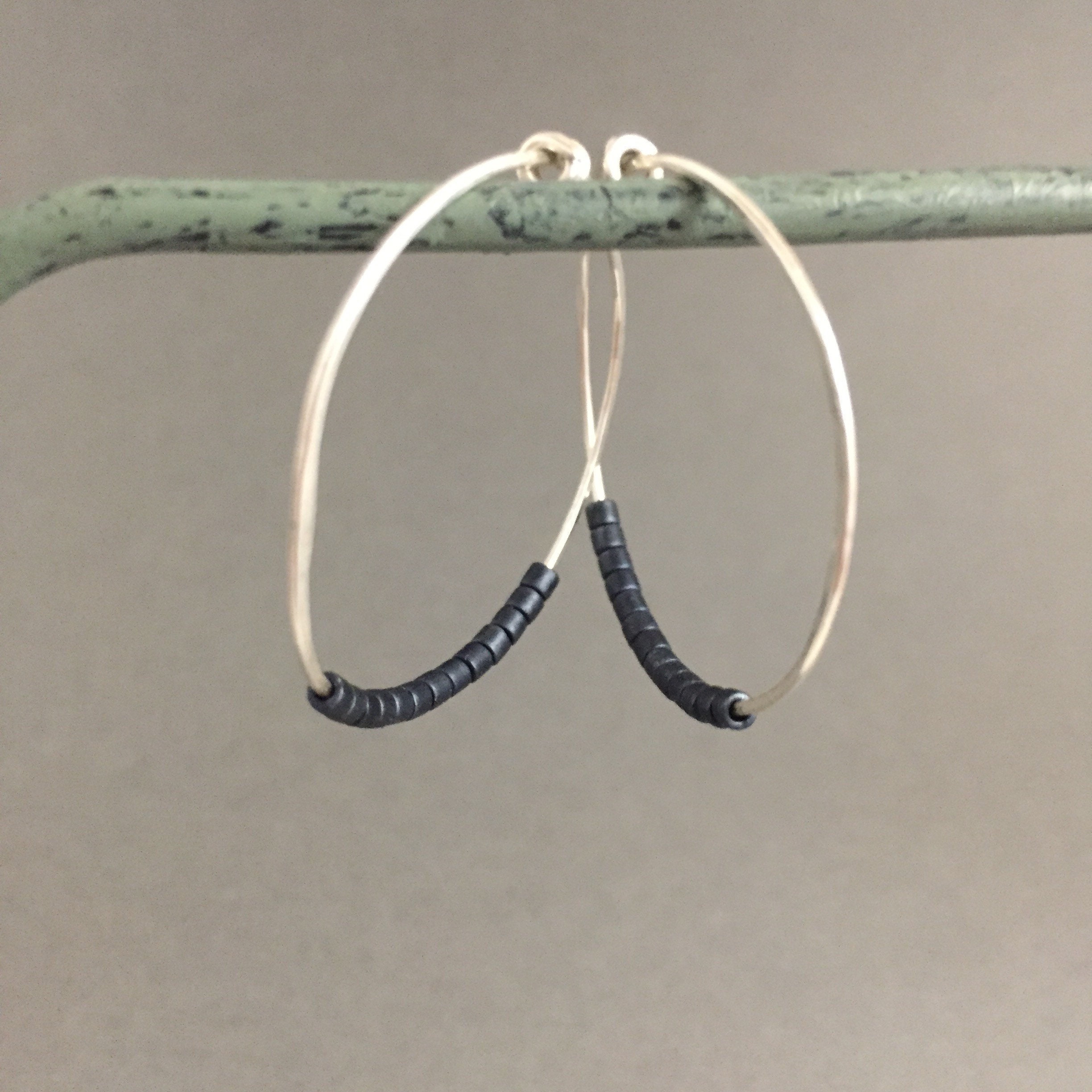 Sliver and Slate Hoop Earrings / Slate Glass Beads / Simple ...