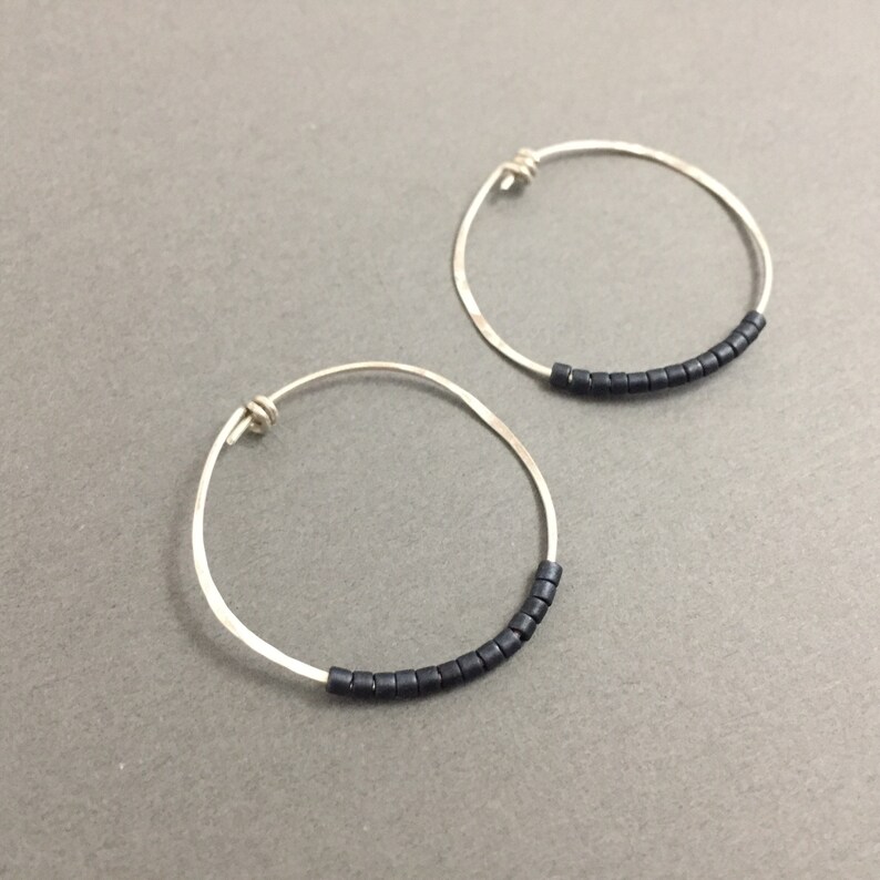 Sliver and Slate Hoop Earrings / Slate Glass Beads / Simple ...