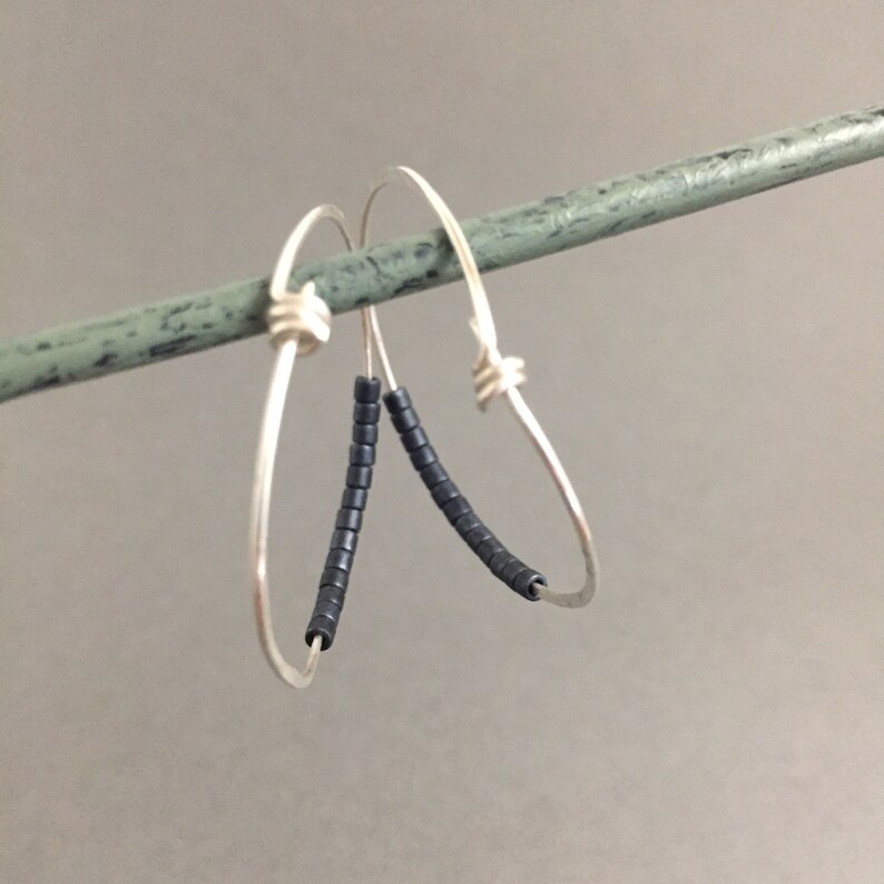 Sliver and Slate Hoop Earrings / Slate Glass Beads / Simple ...