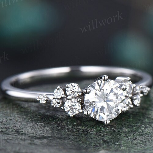 Round Moissanite Engagement Ring Set Vintage Unique White Gold - Etsy