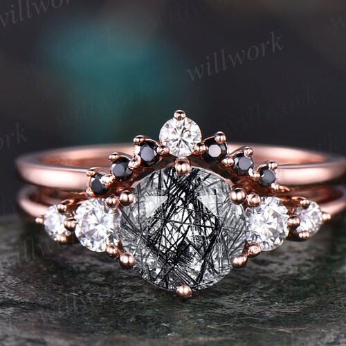 Oval Black Rutilated Quartz Engagement Ring Vintage Engagement - Etsy