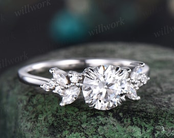 Round Moissanite Ring Vintage Moissanite Engagement Ring White Gold ...