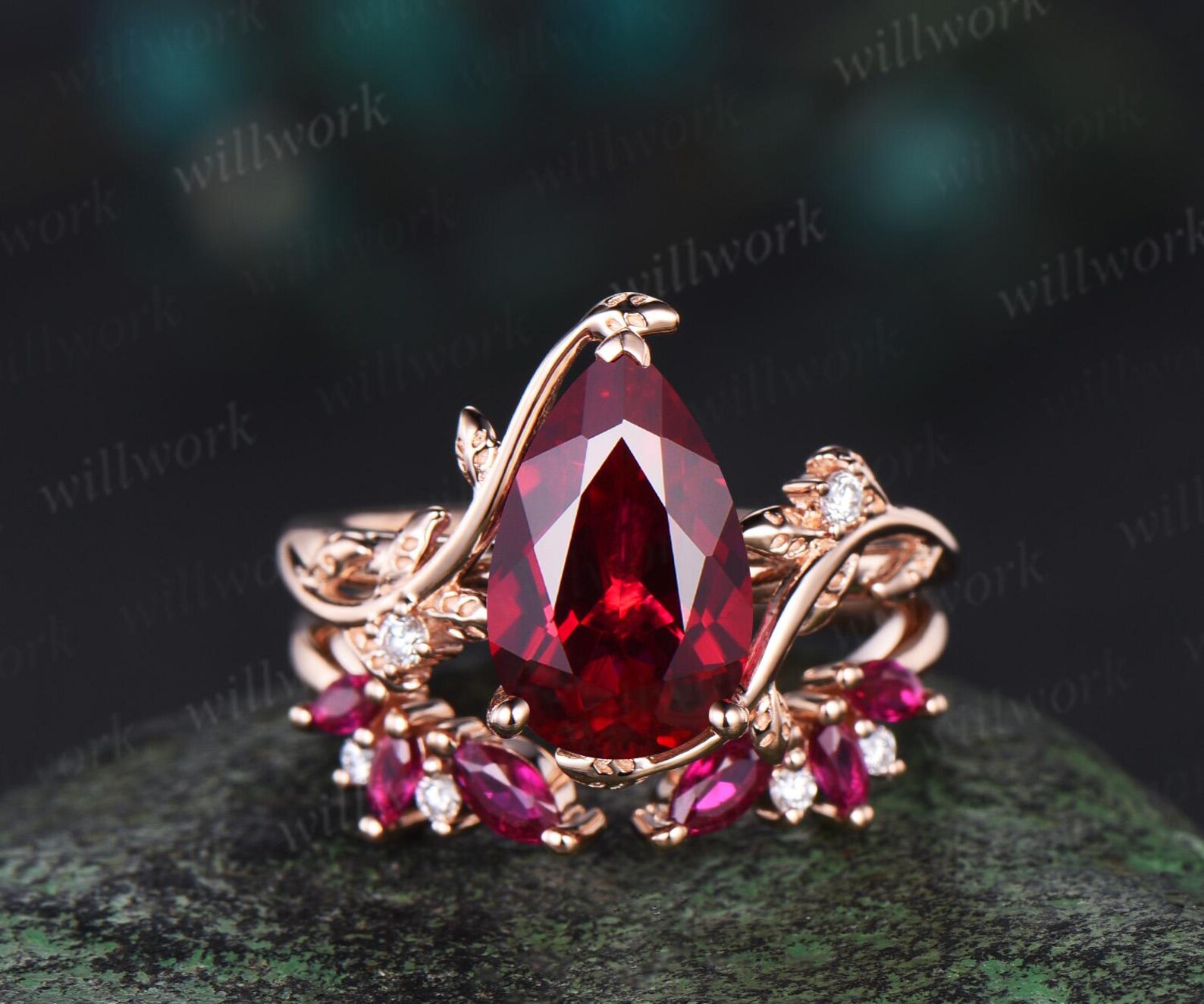Pear Red Ruby Engagement Ring Set Rose Gold Big Ruby Ring Vintage Open ...