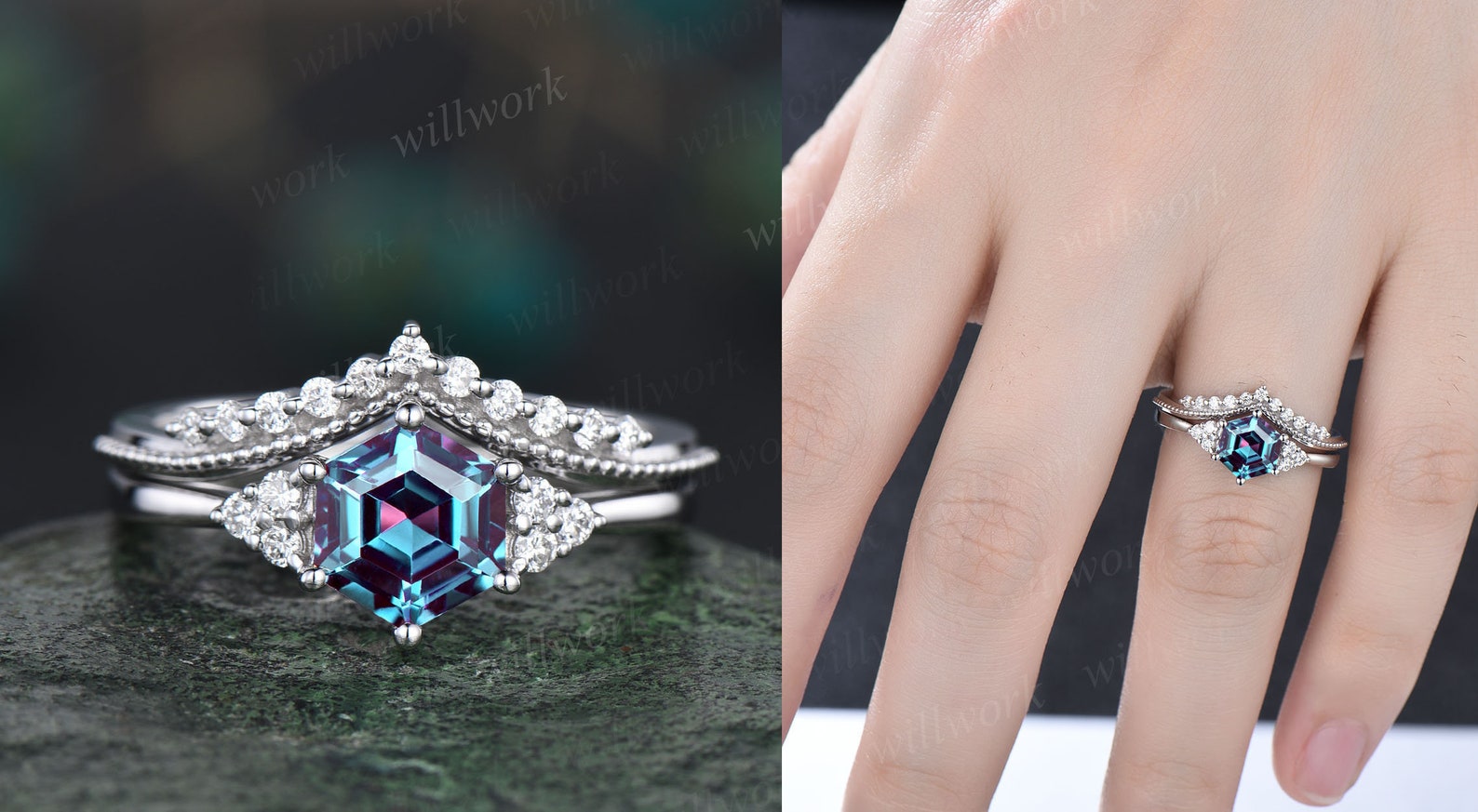 Unique Alexandrite Engagement Ring Set Hexagon Shaped Ring - Etsy
