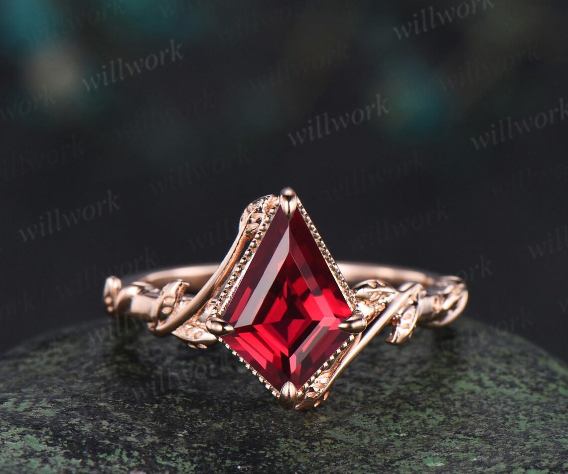 Kite Cut Red Ruby Engagement Ring Set Twisted Milgrain Leaf Solitaire ...