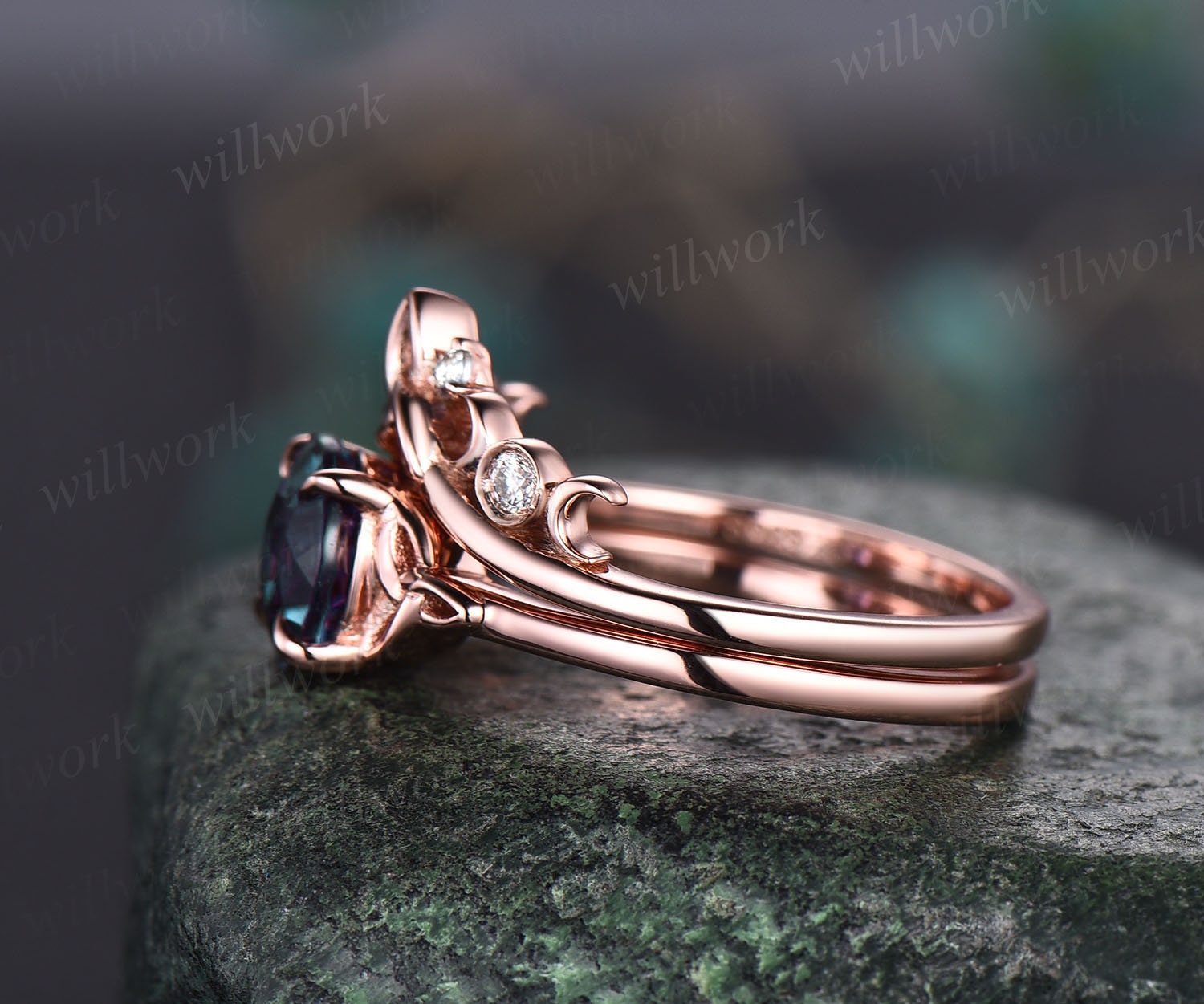 Vintage Round Alexandrite Engagement Ring Set Rose Gold Silver ...