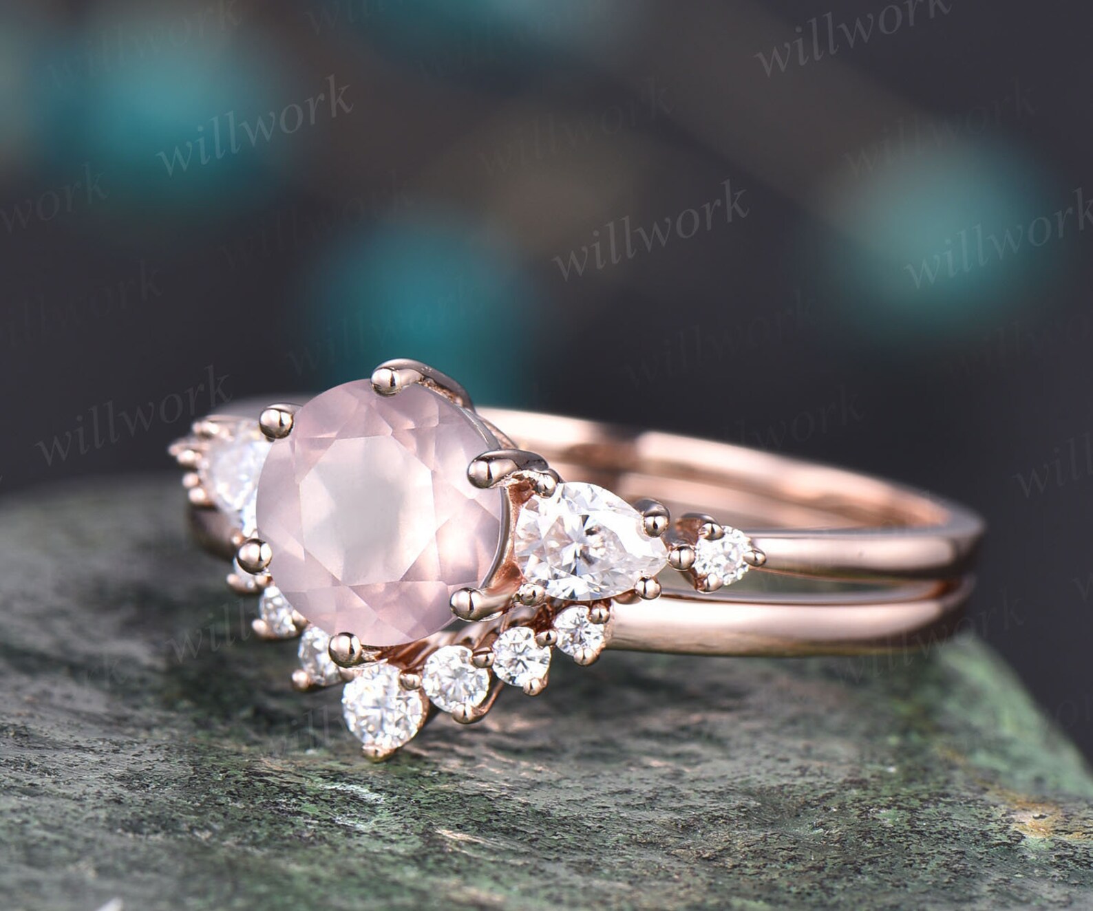 Unique Rose Quartz Wedding Ring Set Vintage Rose Quartz - Etsy