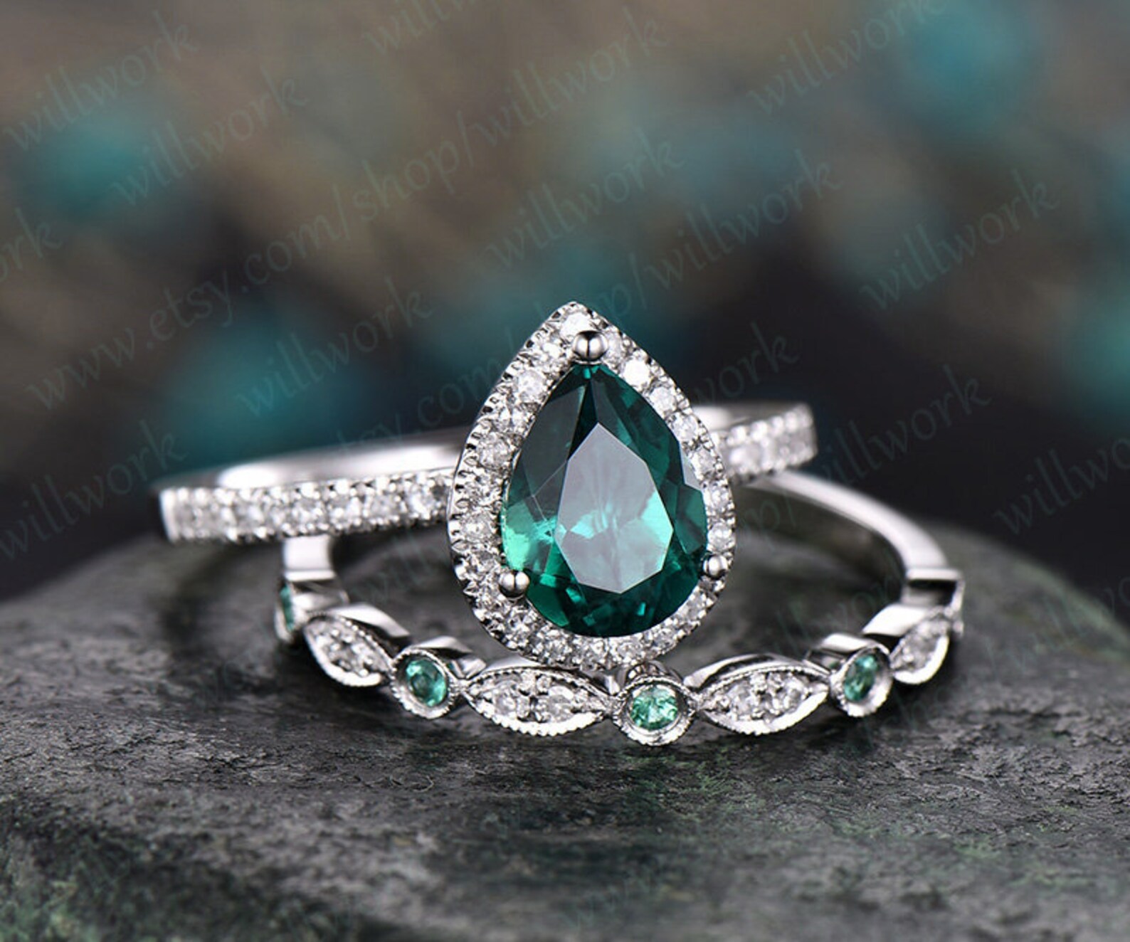 Green Emerald Engagement Ring Set White Gold Natural Emerald Wedding ...