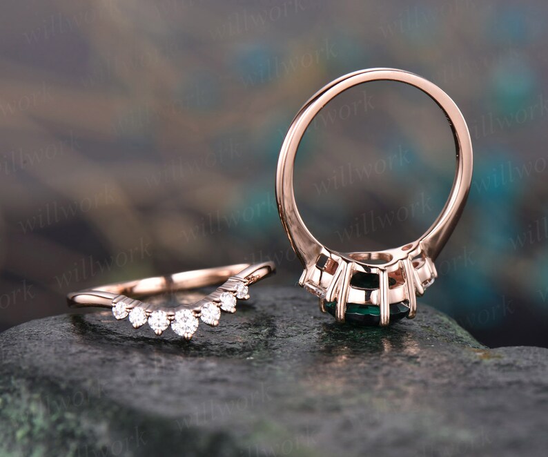 2pcs round emerald engagement ring set solid 14k rose gold | Etsy