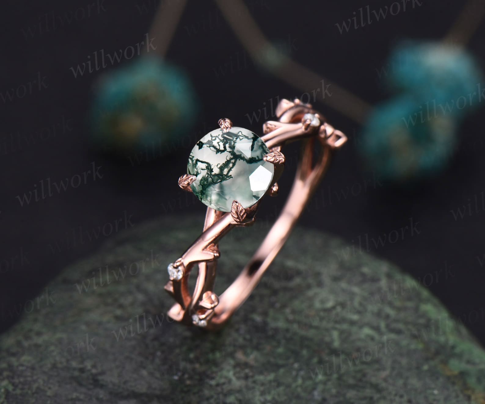 Round Moss Agate Ring for Women Vintage Moss Agate Engagement - Etsy