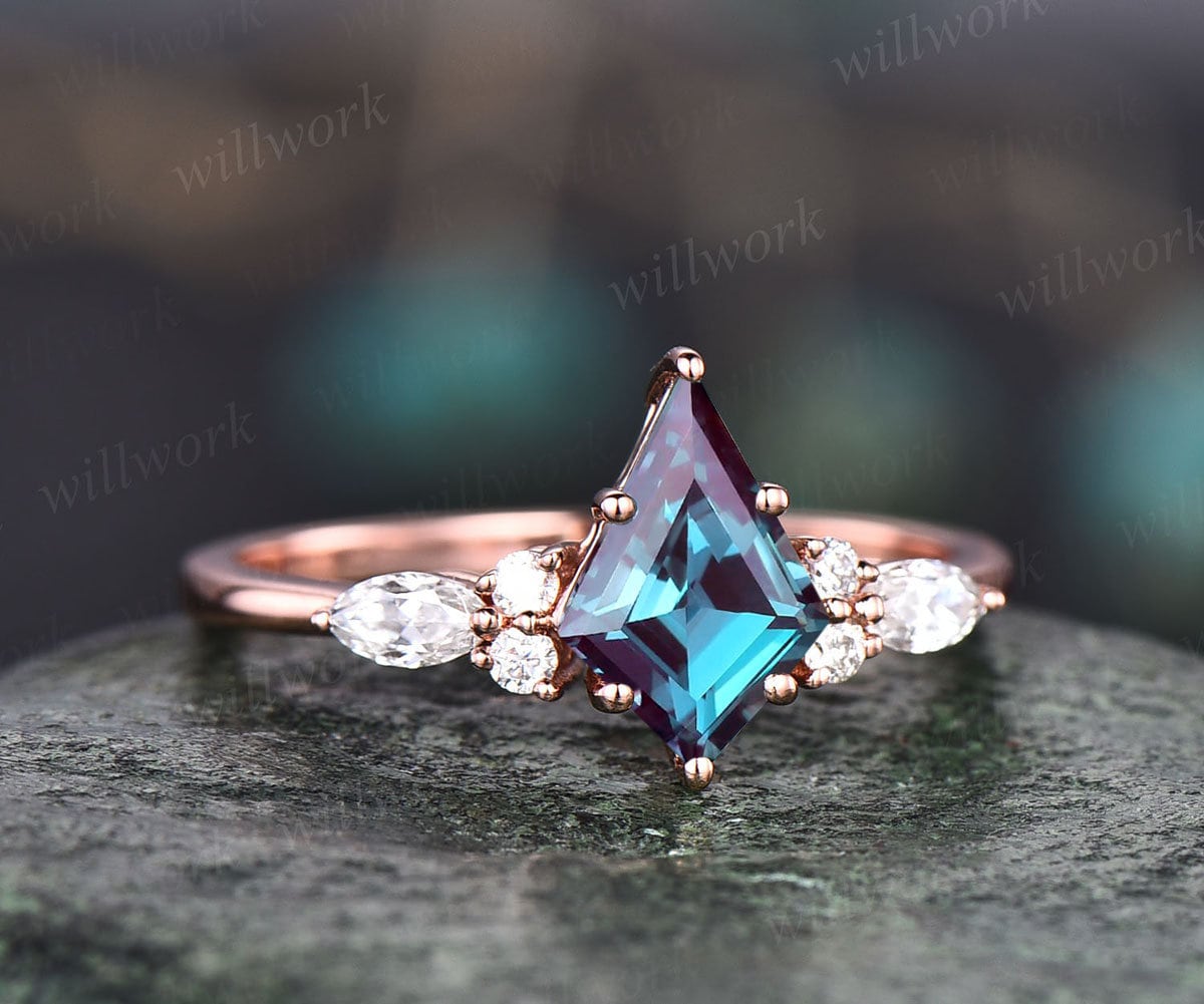 Unique Alexandrite Engagement Ring Set White Gold Silver Kite - Etsy