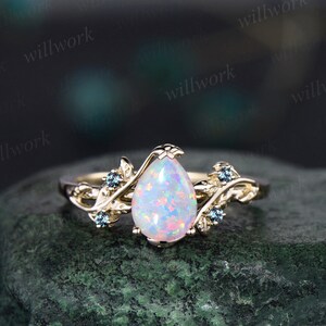 Pear Shaped White Opal Engagement Ring Solid 14k White Gold Leaf Branch Five Stone Amethyst Ring ...