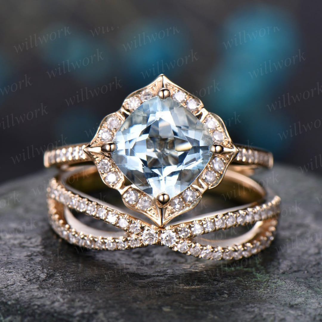 Blue Aquamarine Engagement Ring Set Solid 14k Yellow Gold Handmade ...
