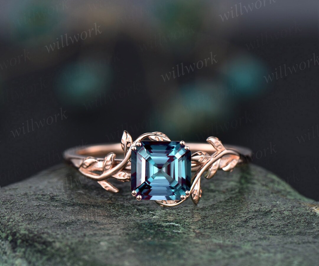 Asscher Cut Alexandrite Engagement Ring 14k Rose Gold Leaf Branch ...