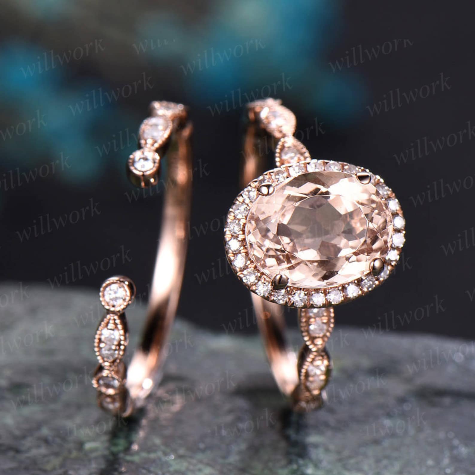 Vintage Morganite Engagement Ring Set Unique Diamond Ring Set Rose Gold ...