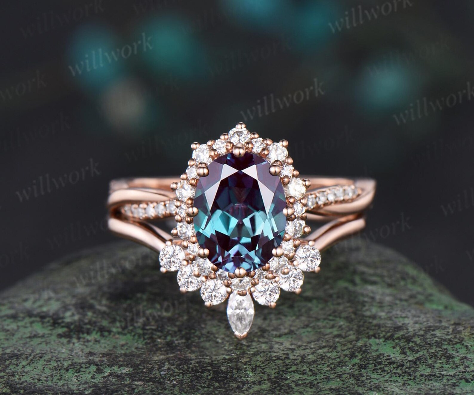 Oval Cut Alexandrite Engagement Ring Set 14k Rose Gold Infinity ...