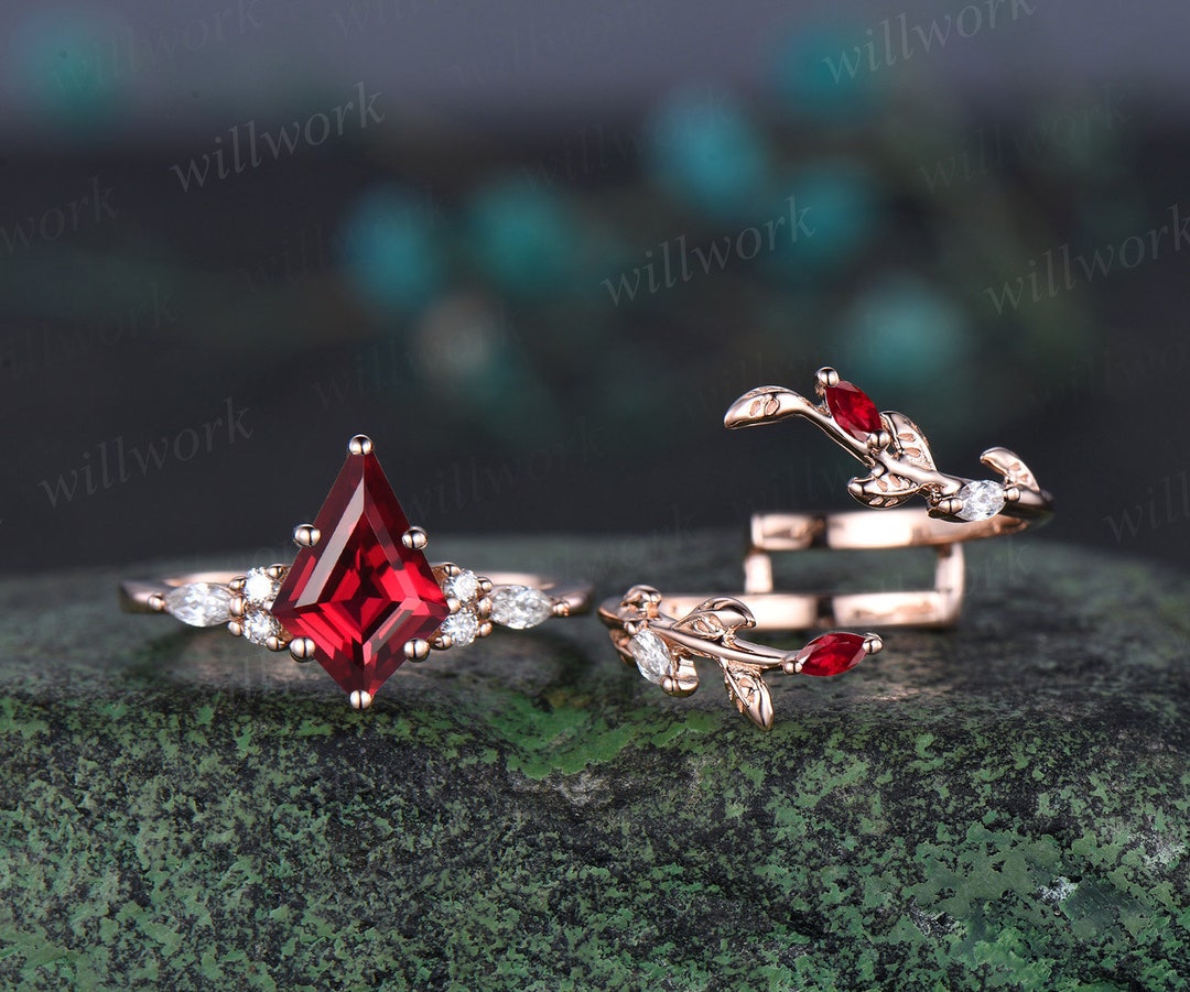 Unique Kite Cut Red Ruby Engagement Ring Twig Leaf Rose Gold Diamond ...