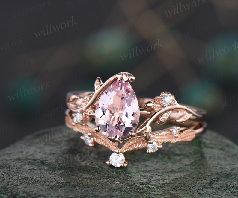 Pear Shaped Natural Pink Morganite Ring Rose Gold Leaf Nature Inspired ...