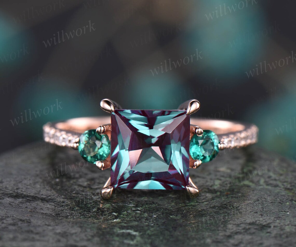 Princess Cut Alexandrite Engagement Ring Rose Gold Unique - Etsy