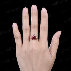 Pear Red Ruby Engagement Ring Set Rose Gold Big Ruby Ring Vintage Open ...
