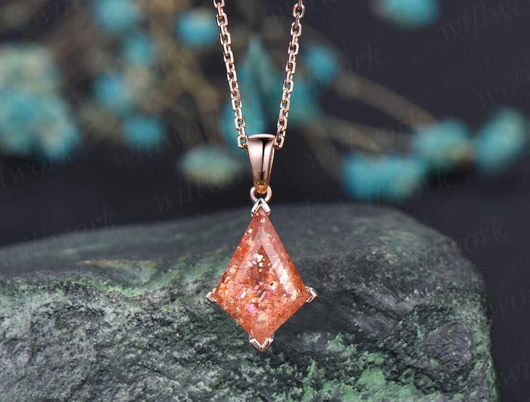 Kite Cut Sunstone Necklace Solid 14k 18k Yellow Gold Vintage Unique ...