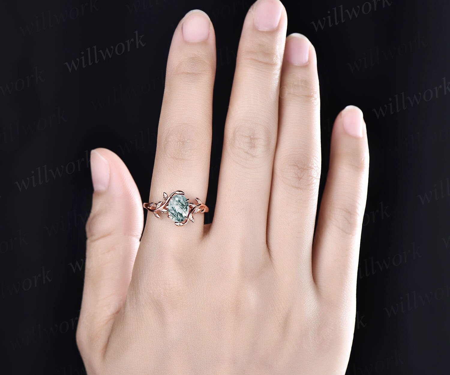 Oval Cut Green Moss Agate Ring Nature Inspired Engagement Ring Leaf ...