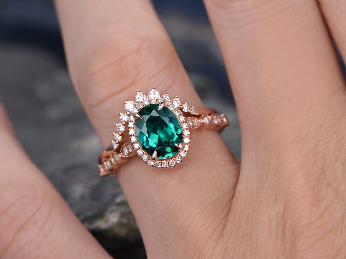 2pcs Emerald Bridal Ring Set Green Emerald Engagement Ring Set - Etsy
