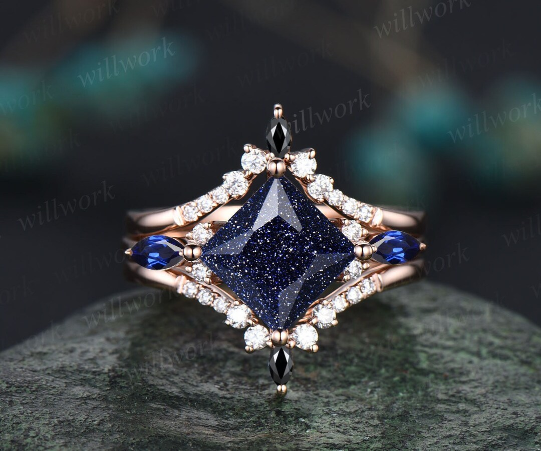 Vintage Princess Cut Blue Sandstone Engagement Ring Rose Gold Stacking ...