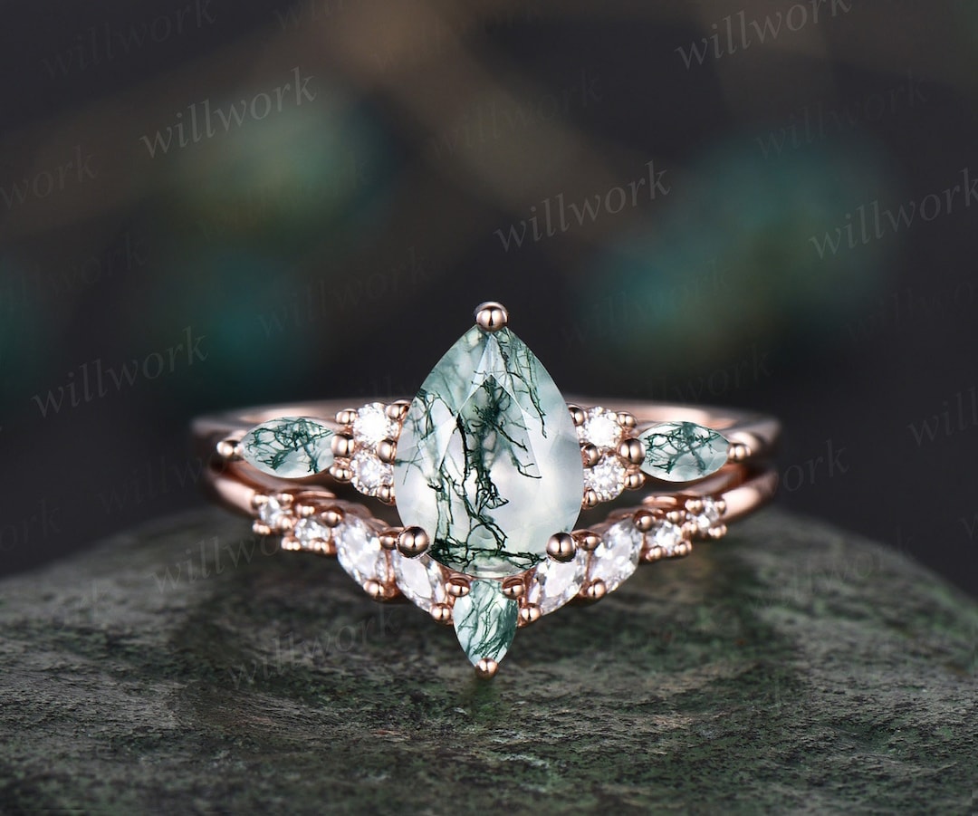 Vintage Pear Shaped Green Moss Agate Engagement Ring Set 14k Rose Gold ...