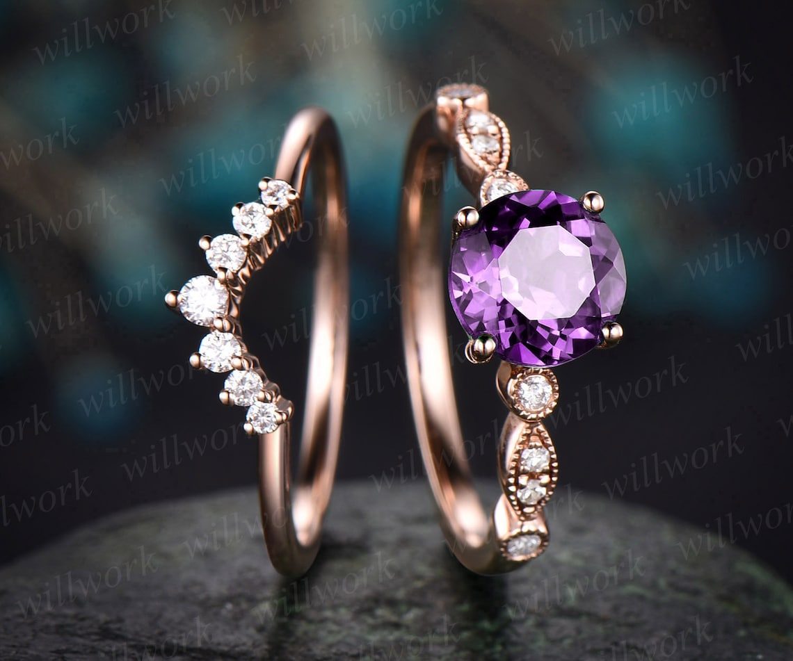 Amethyst Engagement Ring Set Rose Gold Amethyst Ring Vintage - Etsy