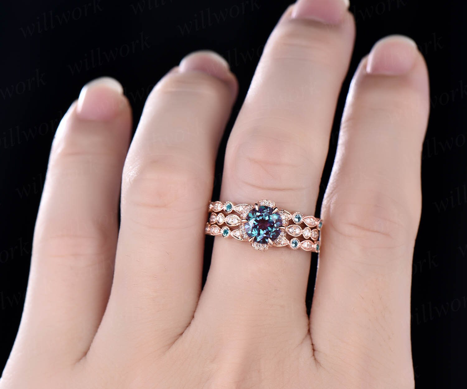 Round Alexandrite Wedding Set Vintage Alexandrite Engagement - Etsy