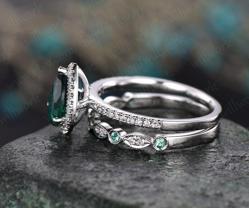 Green Emerald Engagement Ring Set White Gold Natural Emerald Wedding ...