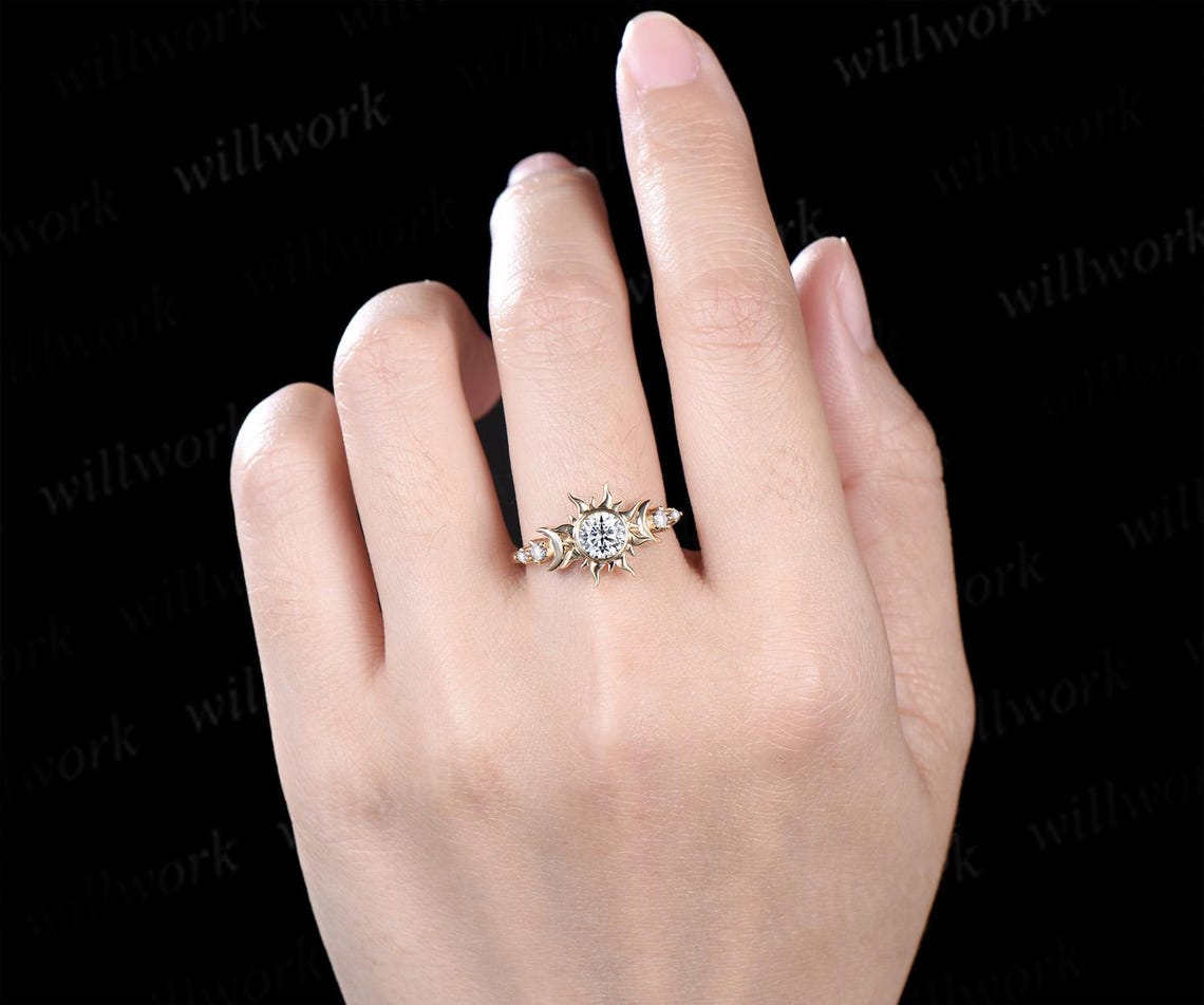 Round Cut Lab Grown Diamond Moissanite Engagement Ring Sun Moon Promise ...